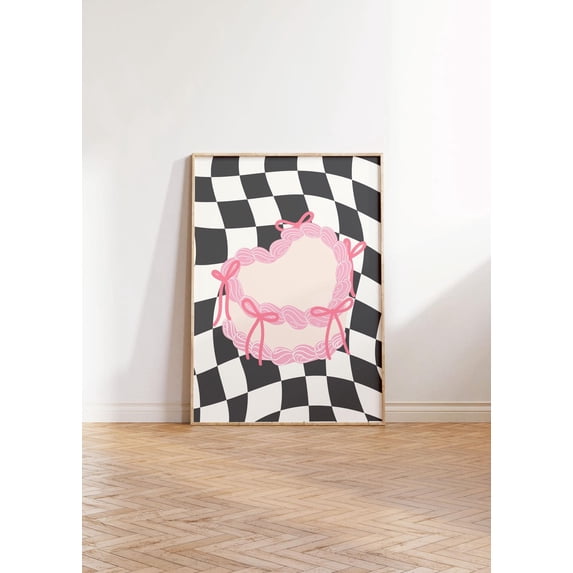 Checkered Bows Heart Cake Illustration Wall Art Preppy Pink Decor ...