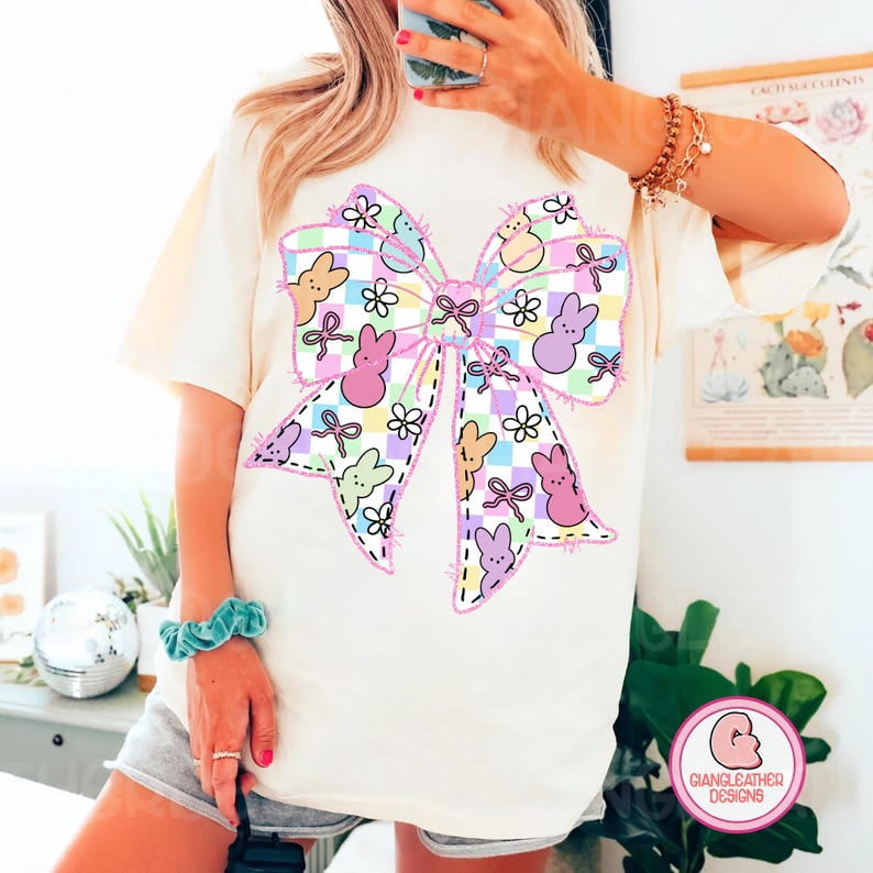 Checkered Bunny Coquette Easter T-Shirt, Floral Bow Girls Easter Tee ...