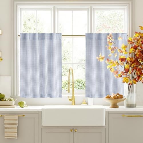 Checkered Cafe Curtains 24 inch Length, Linen Gingham Small Window ...