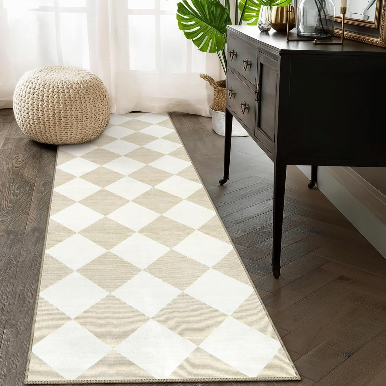 Checkered Carpet Runners for Hallway 12ft, Beige Soft 2.5x12 Rug ...