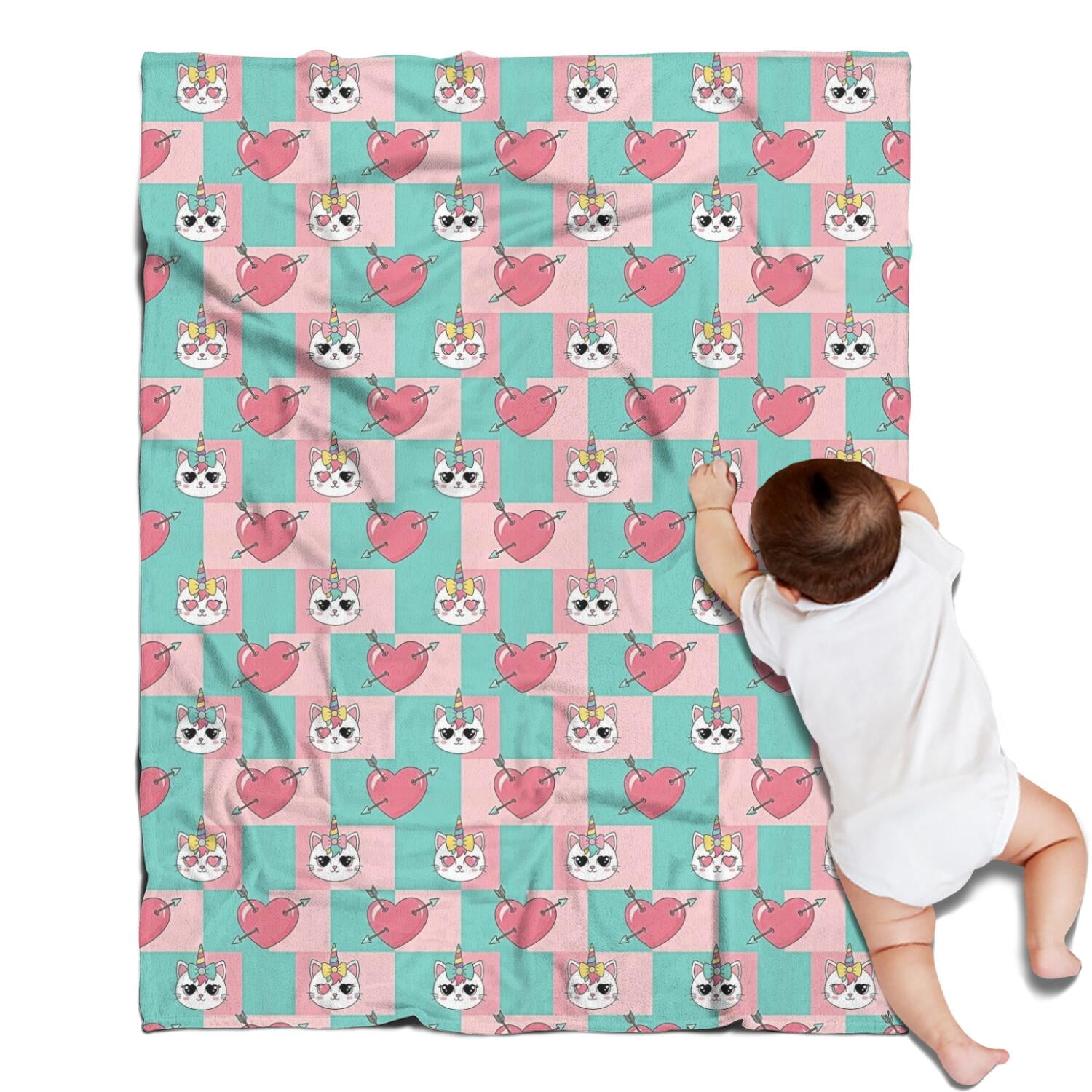 Checkered Cartoon Cat Unicorn Heart Blanket,Comfortable Soft Lamb Wool ...