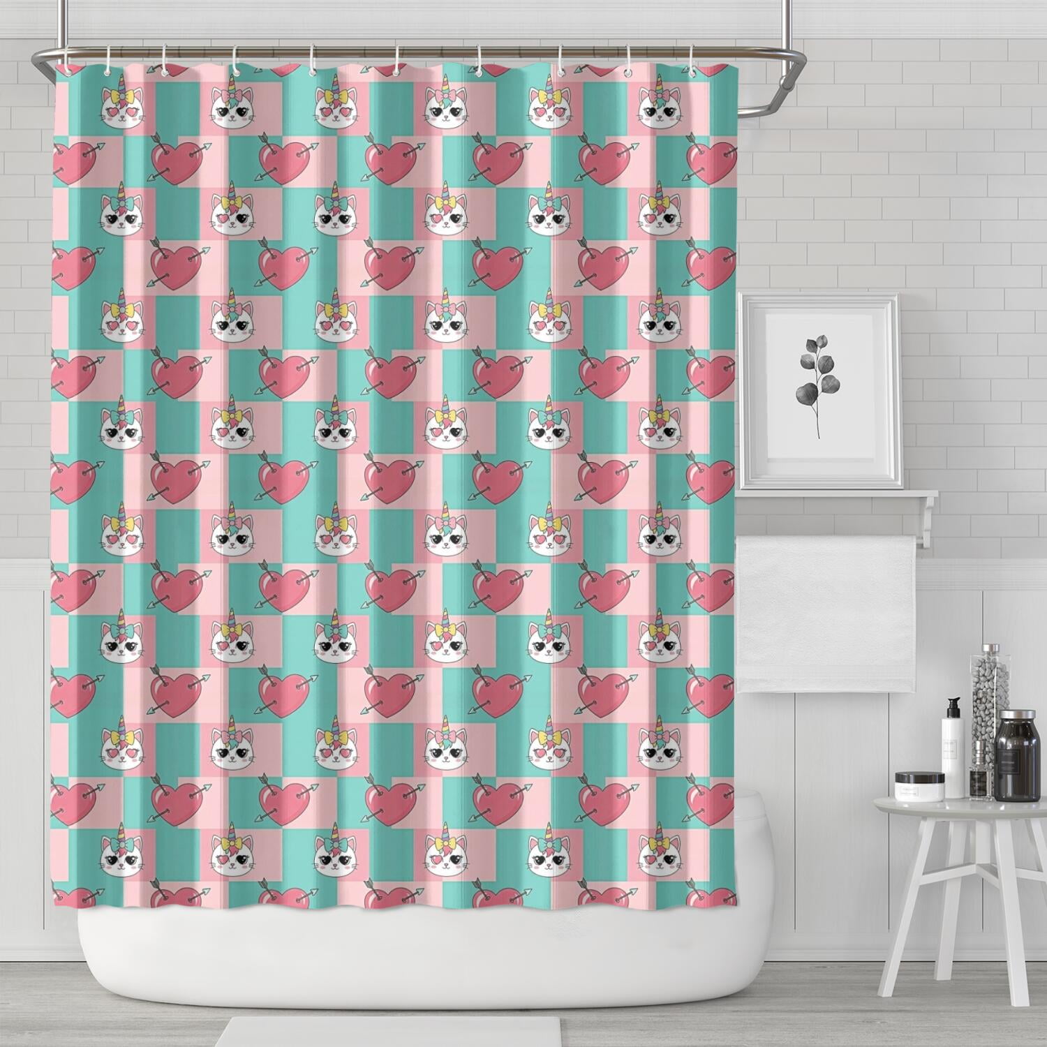 Checkered Cartoon Cat Unicorn Heart Shower Curtain 72"x84" ,Bathroom ...