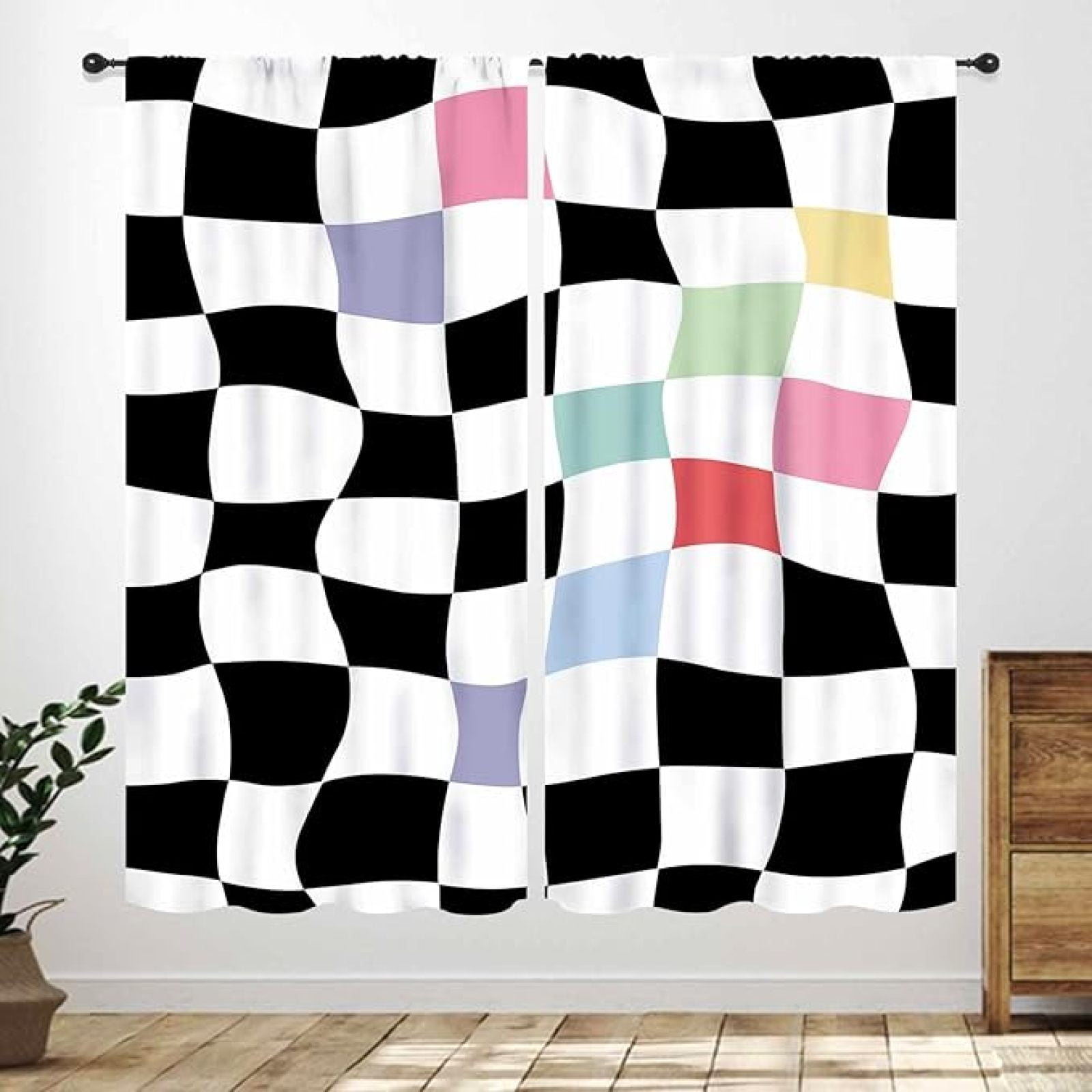 Checkered Curtains For Kitchen,Retro 70s Black Multicolor Checkerboard ...