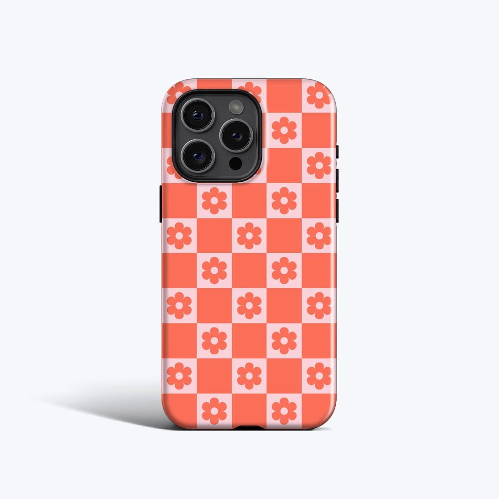Checkered Daisy Coral Retro Floral Phone Case for iPhone 11-17 Pro Max ...