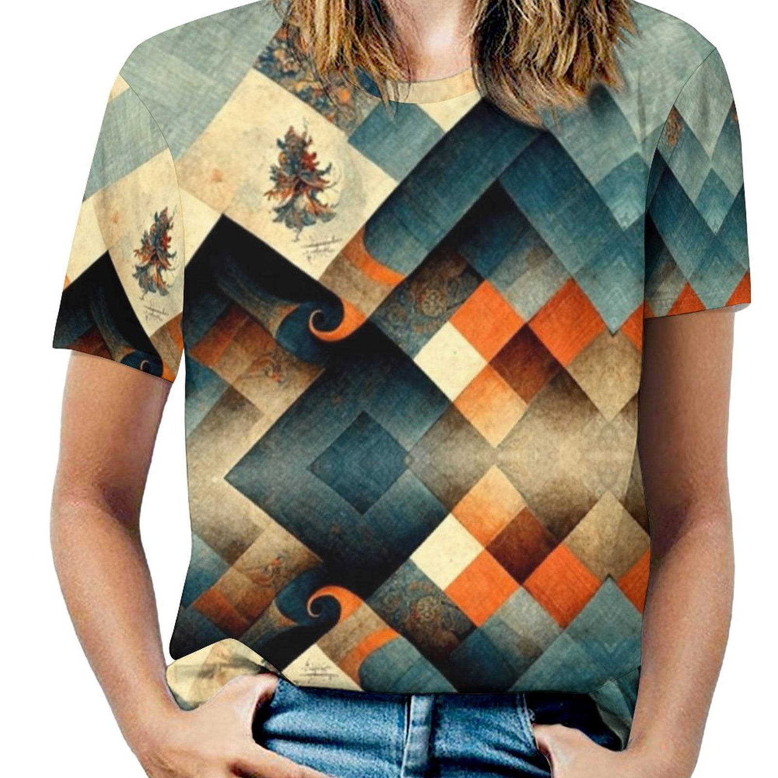 Checkered Diamonds With Fractal Floral Autumn Motif Ruffle Short Sleeve ...