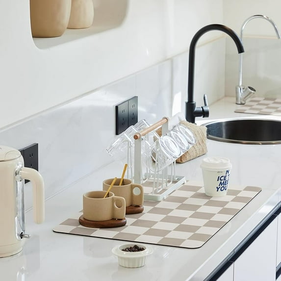 Checkered Dish Drying Mat for Kitchen Counter, Coffee Bar Station ...