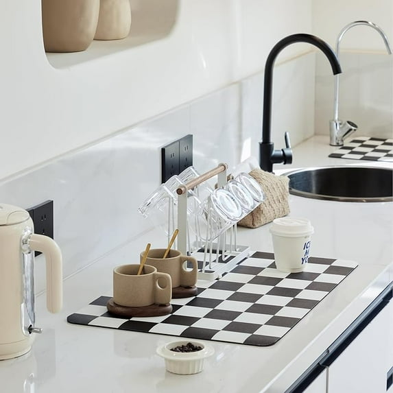 Checkered Dish Drying Mat for Kitchen Counter, Coffee Bar Station ...