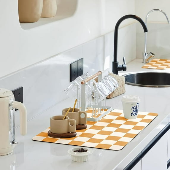 Checkered Dish Drying Mat for Kitchen Counter, Coffee Bar Station ...