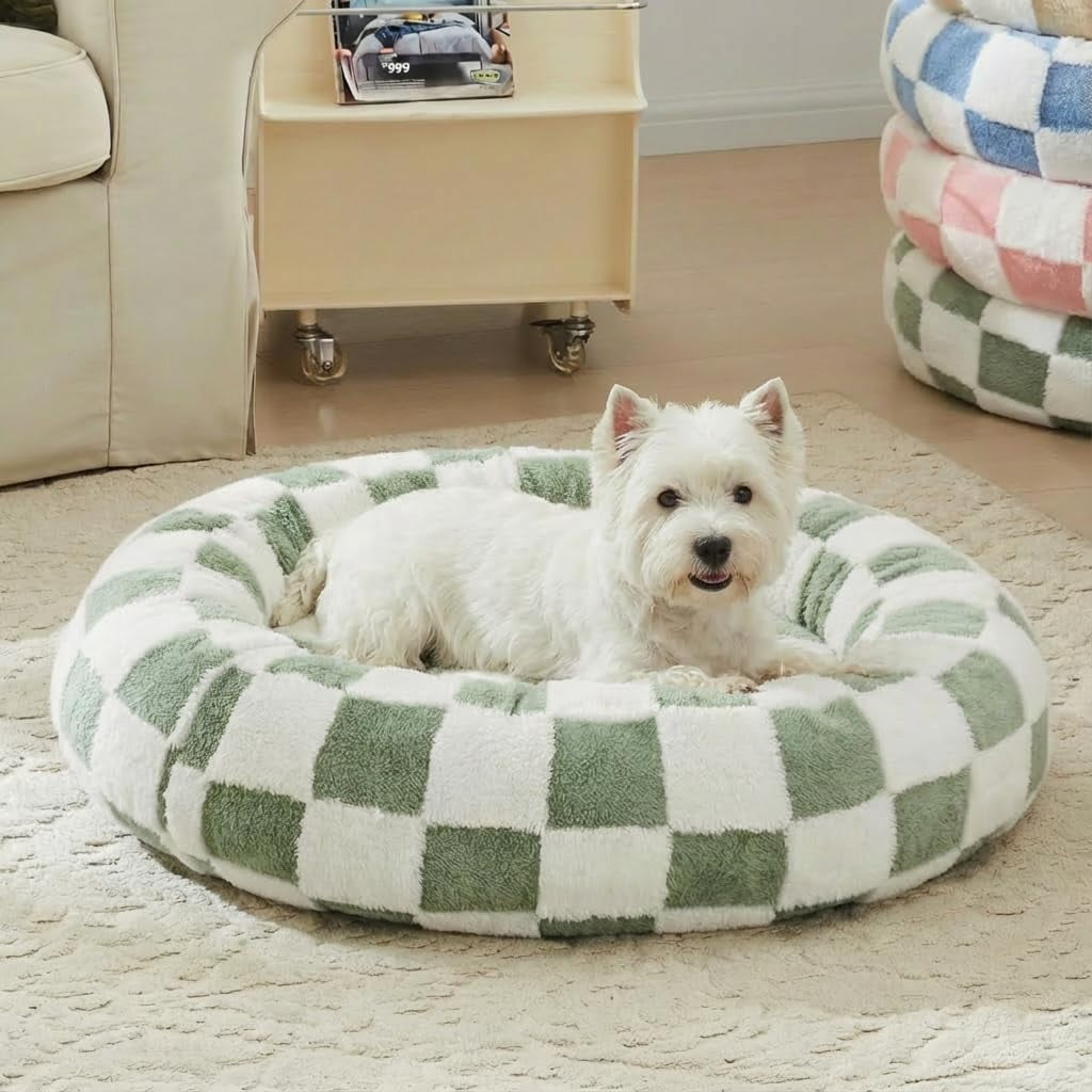 Checkered Dog Bed, Cute Sage Green Retro Style Aesthetic Round Warming ...