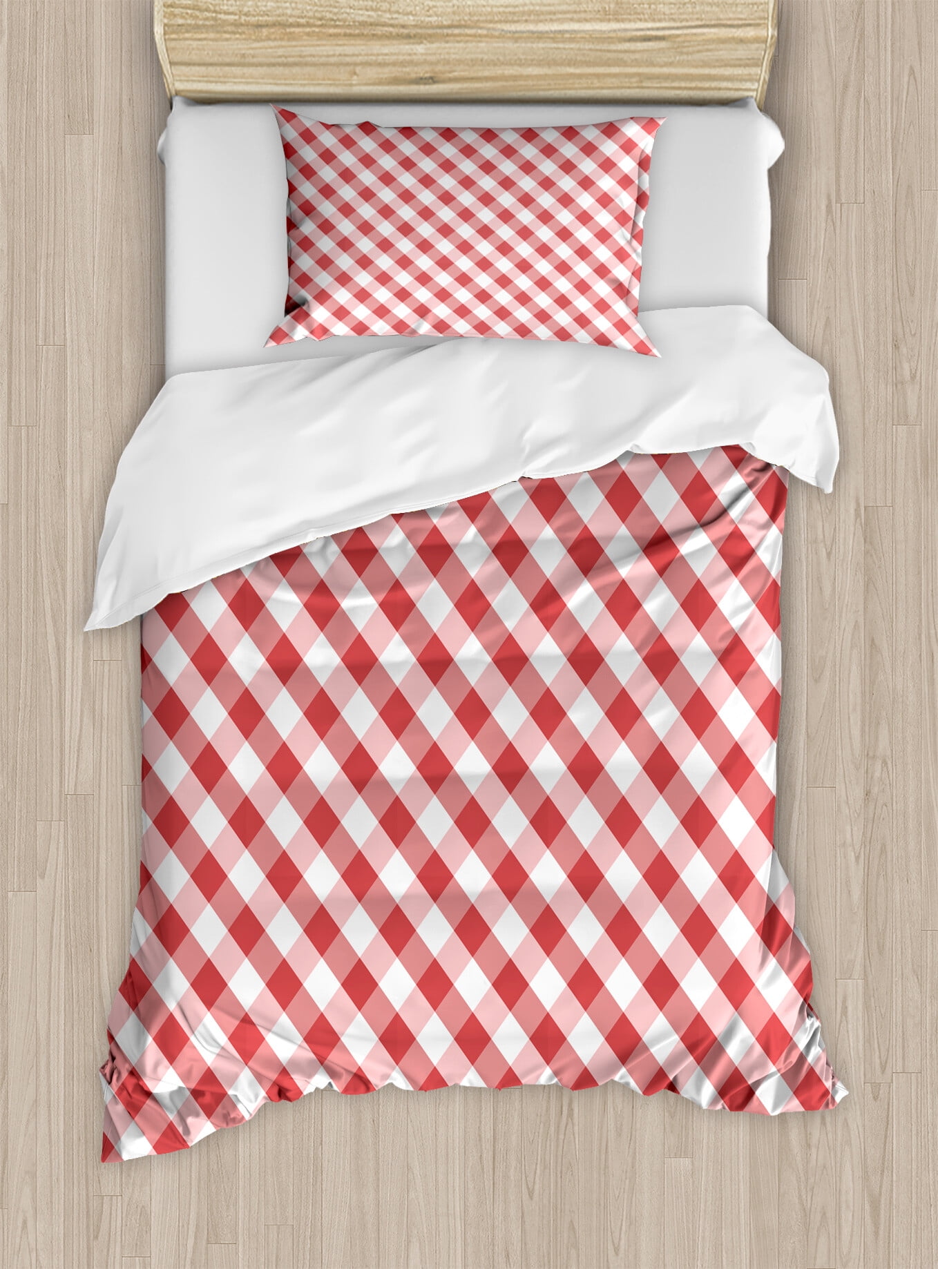 Checkered Duvet Cover Set, Crosswise Stripes with Little Red Squares ...