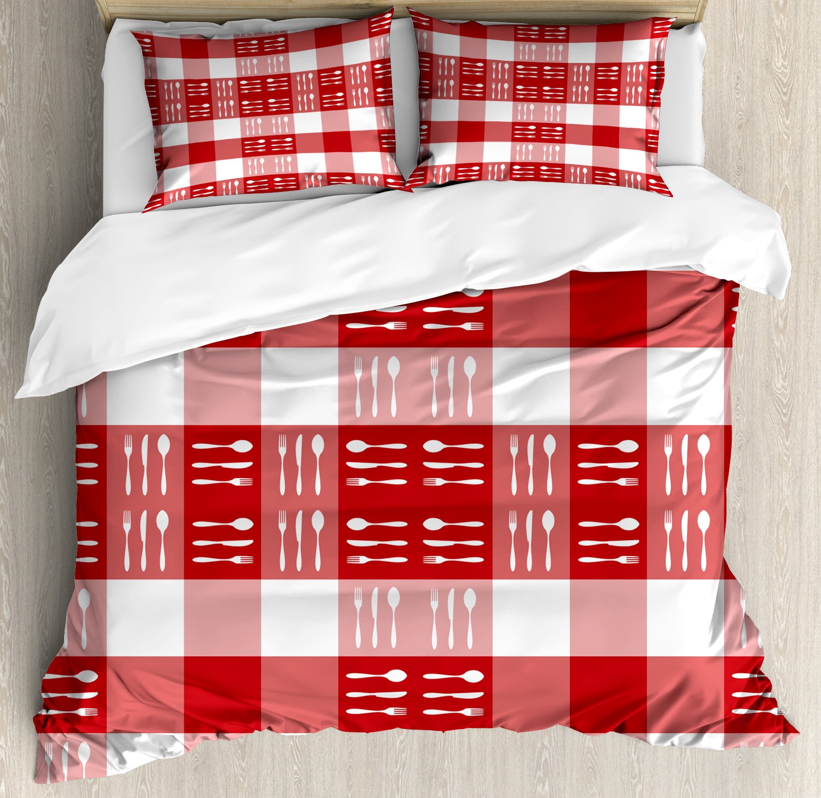 Checkered Duvet Cover Set, Cutlery Silhouettes on Squares Dining Picnic ...