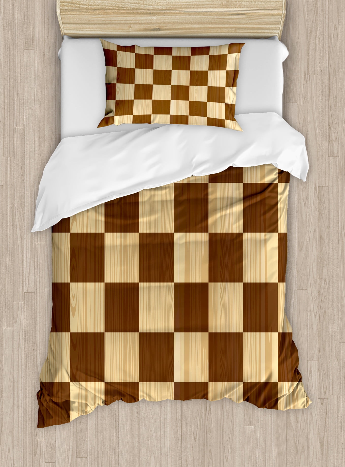Checkered Duvet Cover Set, Empty Checkerboard Wooden Seem Mosaic ...