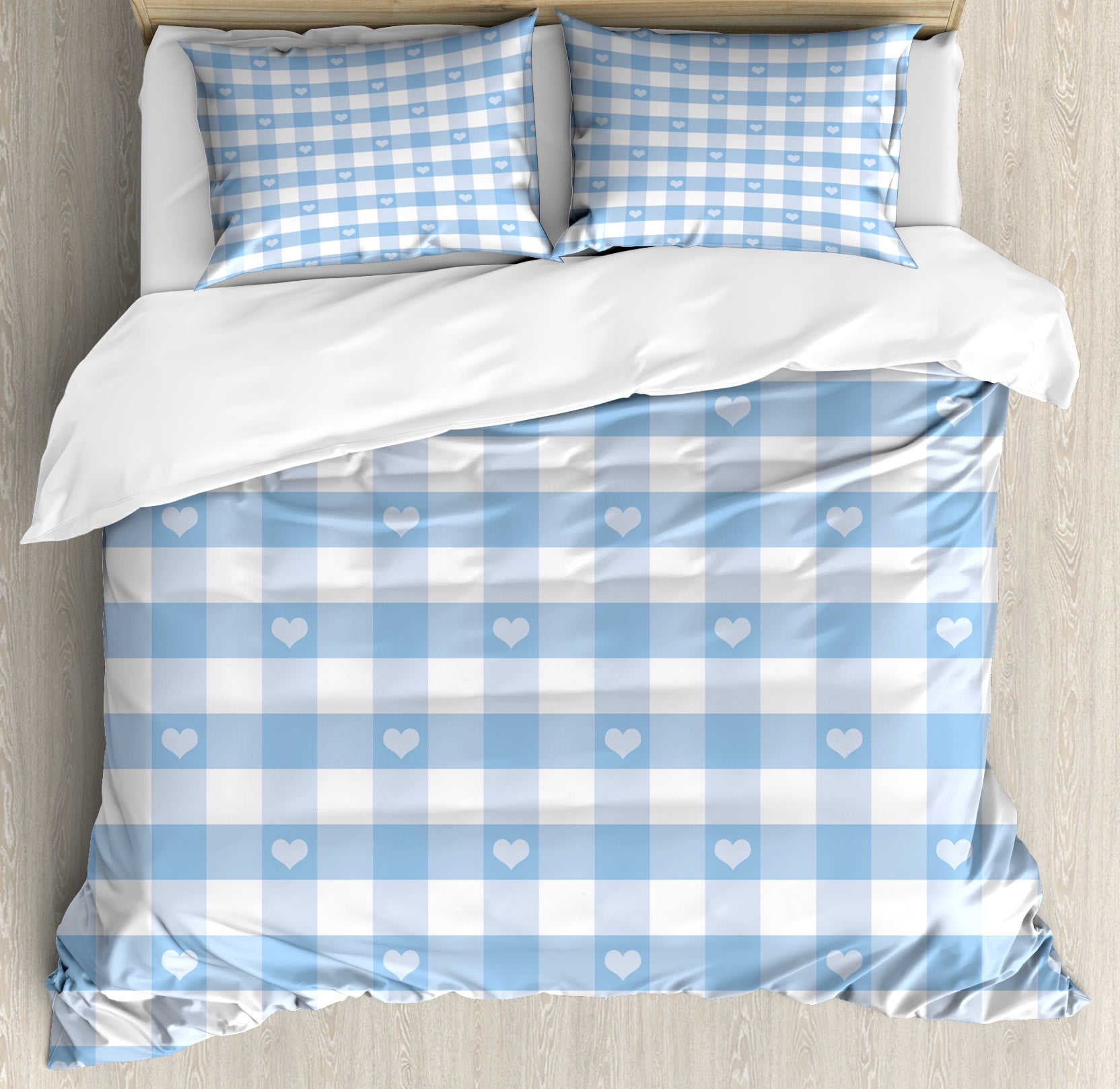 Checkered Duvet Cover Set, Gingham Motif with Little Hearts Pastel Blue ...