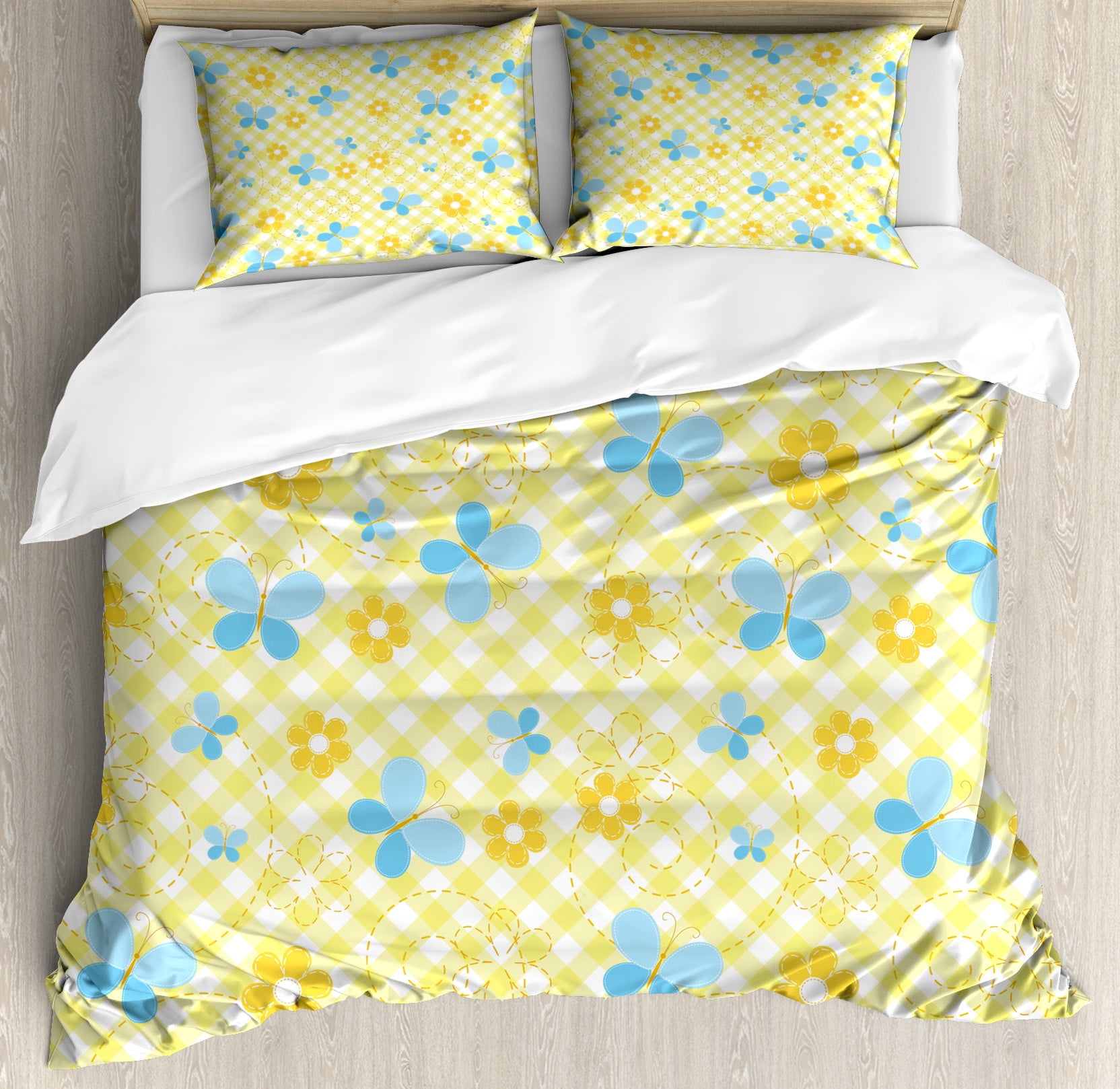 Checkered Duvet Cover Set, Pattern with Daisy Flower and Butterflies ...