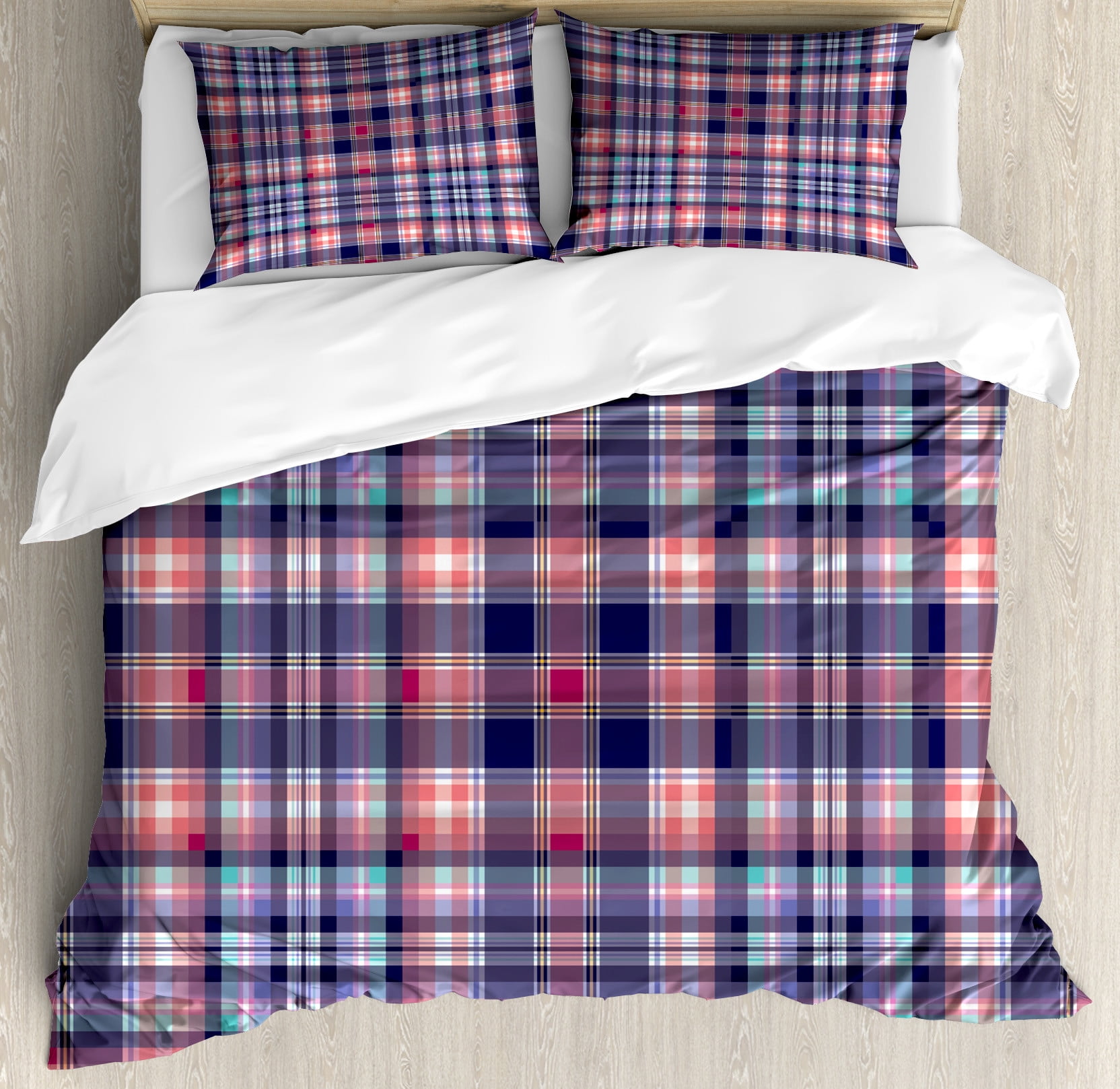 Checkered Duvet Cover Set, Pink and Blue Colored Repeating Pattern with ...