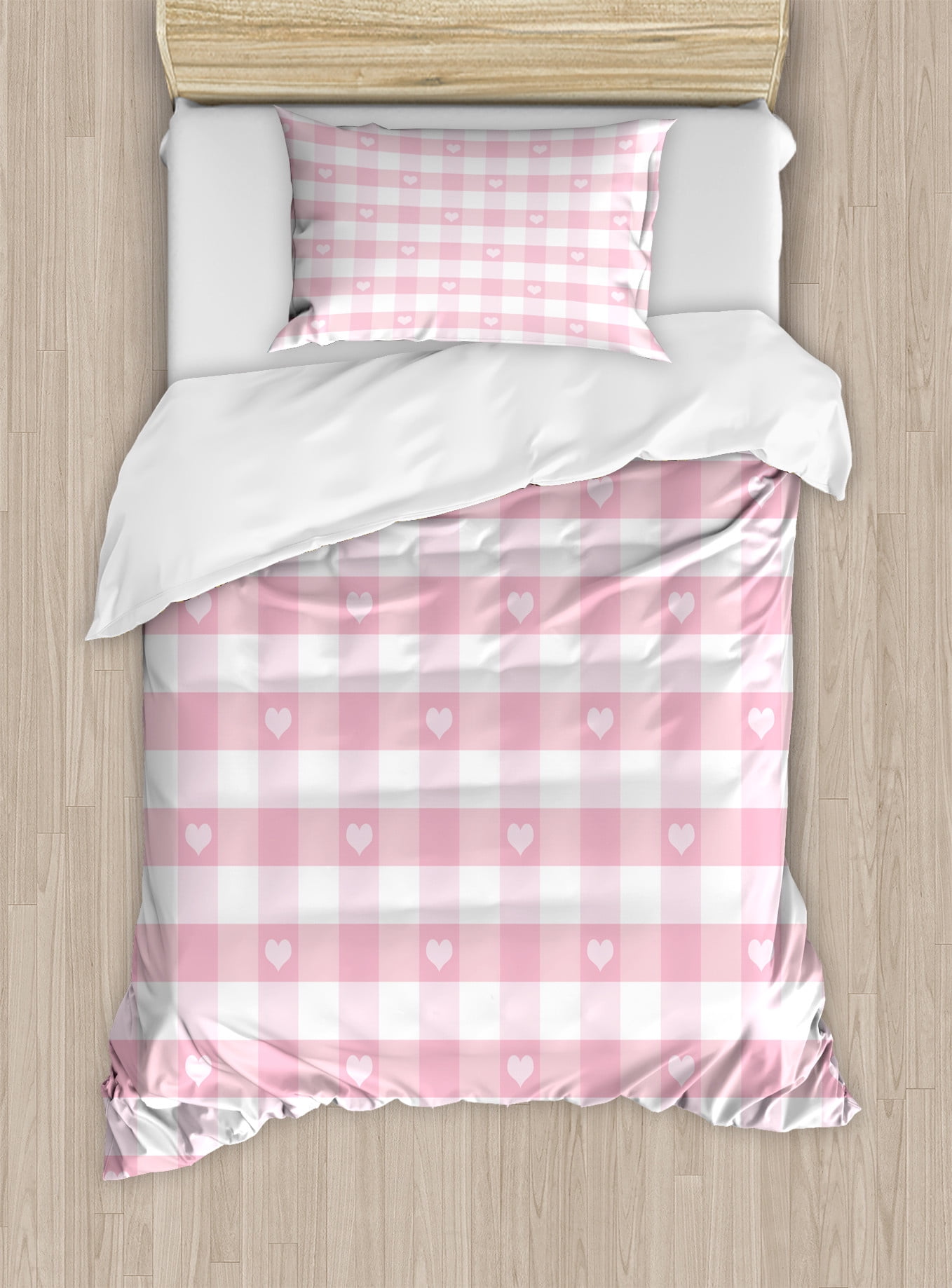 Checkered Duvet Cover Set, Romantic Pattern with Little Hearts Girlish ...