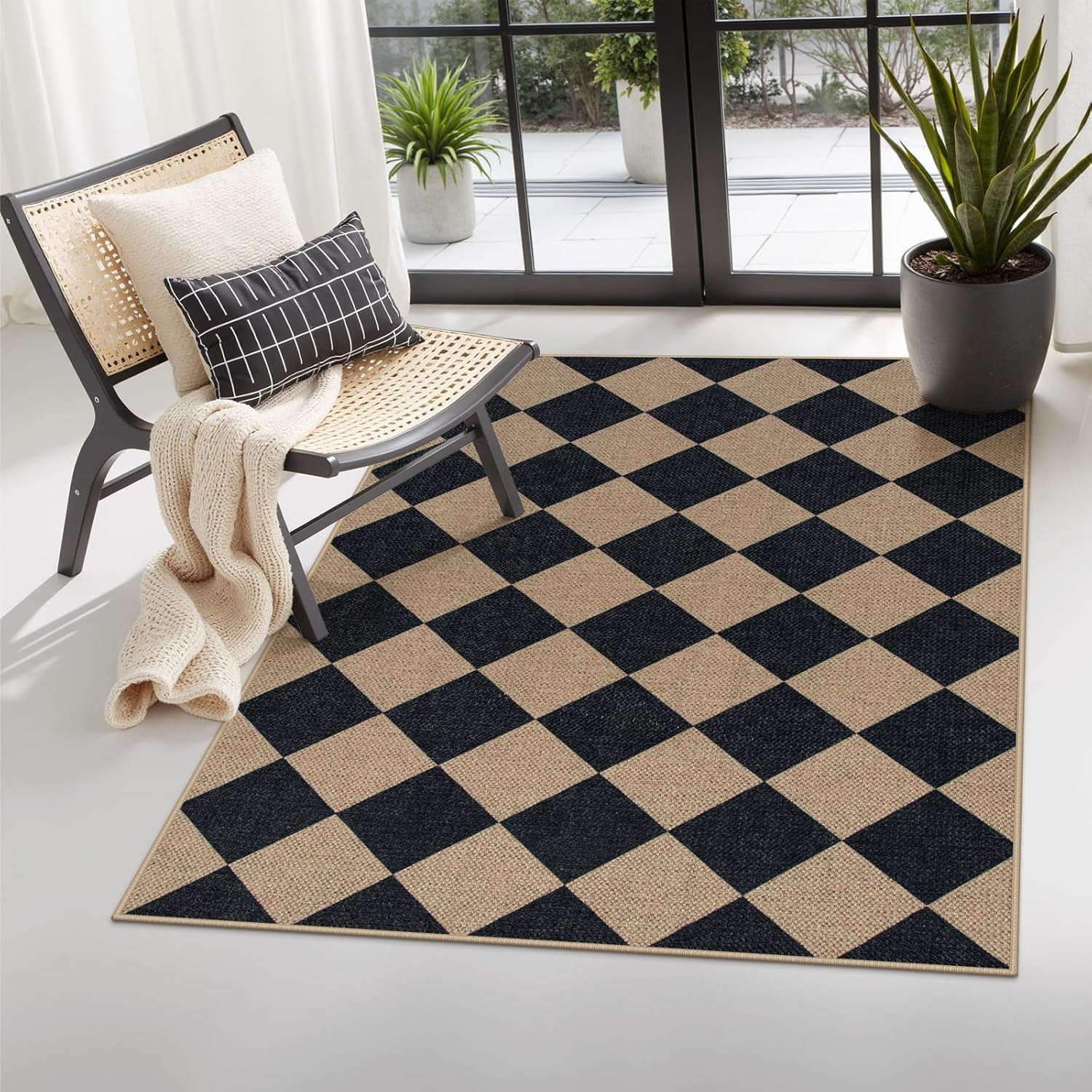 Checkered Easy Jute Entry Rug, 3x5 Black Outdoor Patio Rug for Living ...