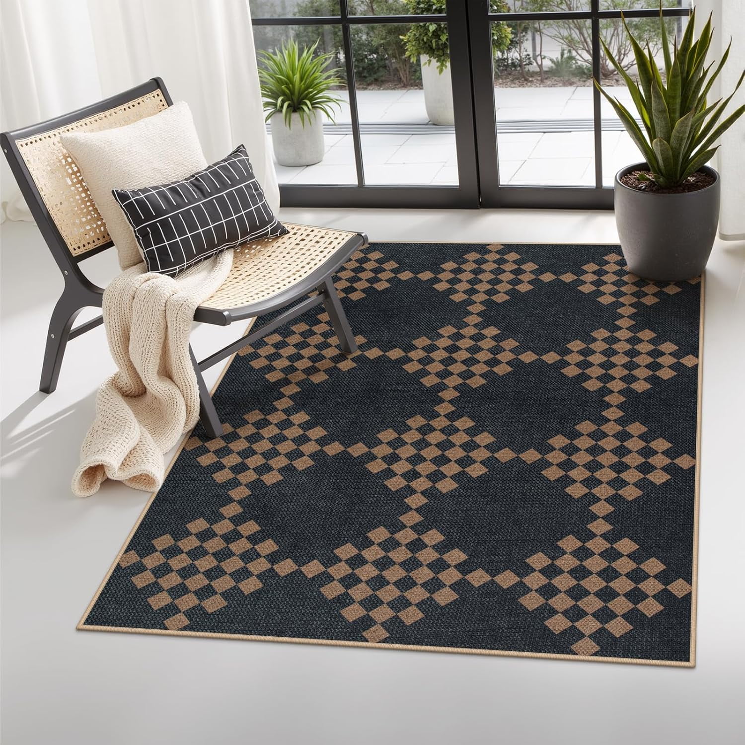Checkered Easy Jute Entryway Patio Rug, 3x5 Black Washable Rugs for ...