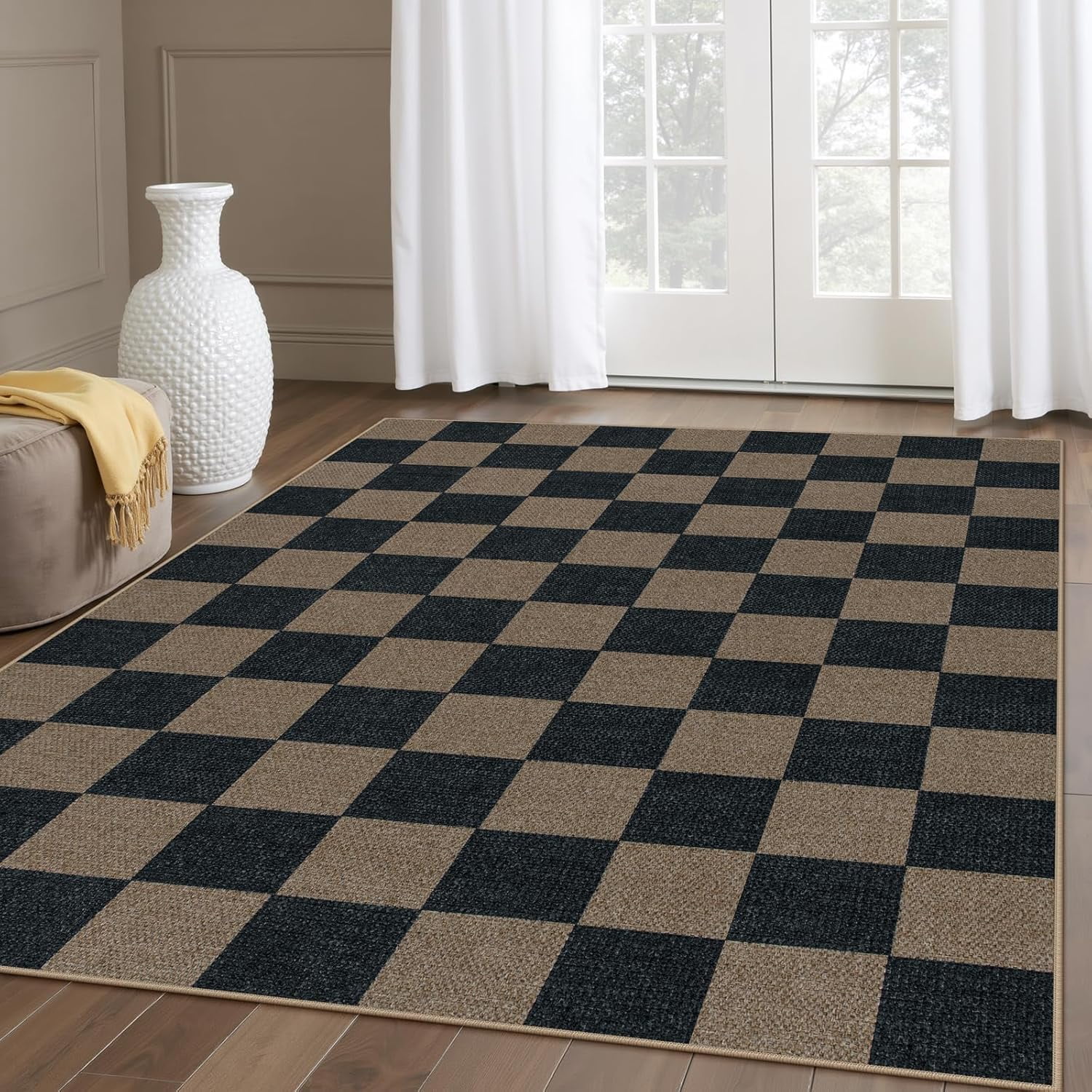 Checkered Easy Jute Living Room Rugs, 5x7 Black Dining Room Office Rug ...