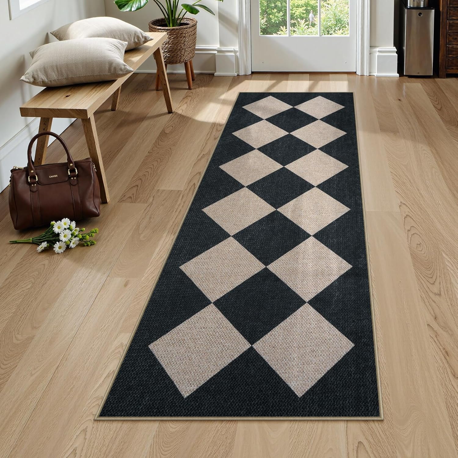 Checkered Easy Jute Outdoor Runner Rugs 2 x 6, Black Washable Kitchen ...