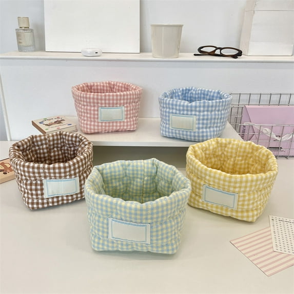 Checkered Fabric Storage Basket | Cloth Organizer for Desk, Cosmetics ...