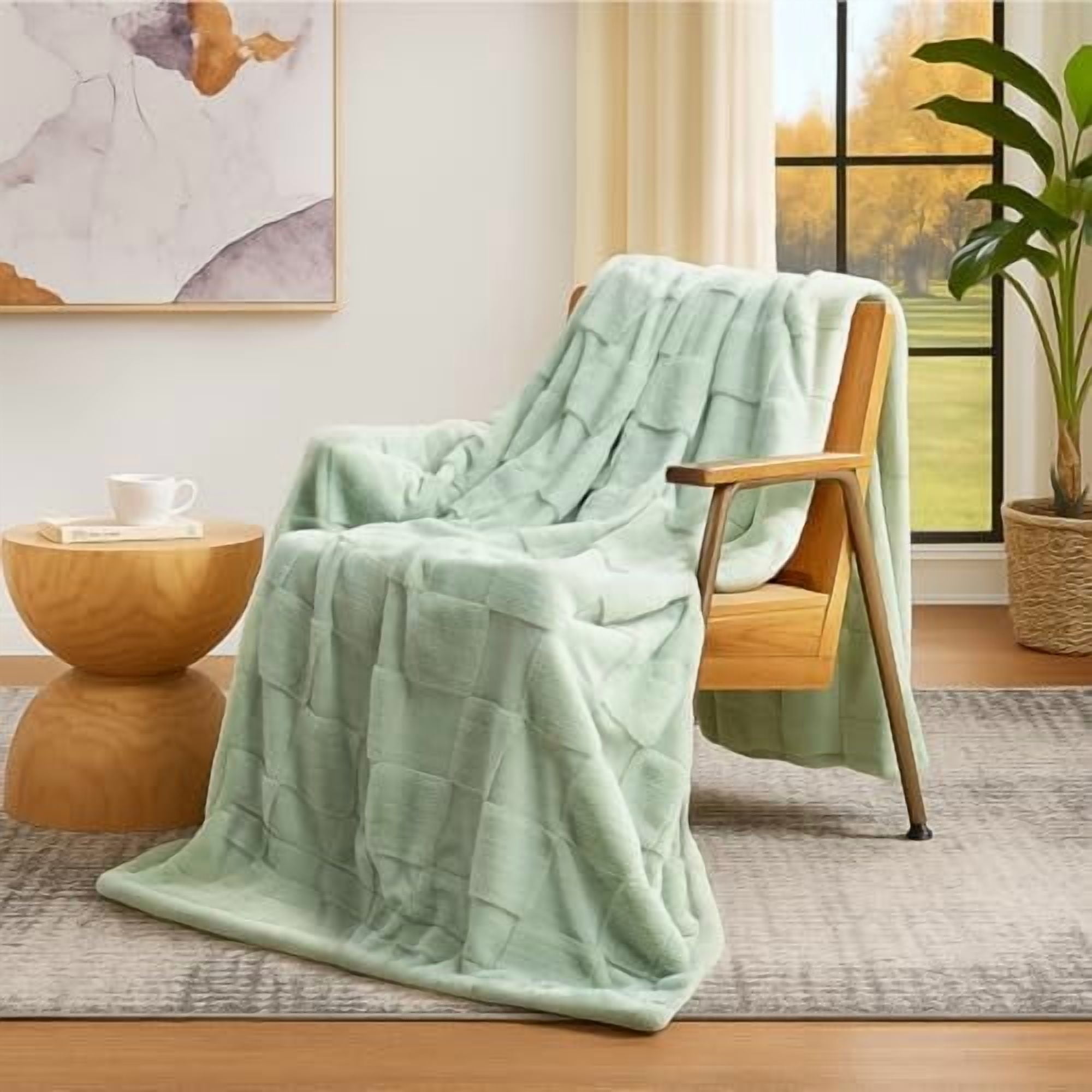 Checkered Faux Rabbit Fur Twin Blanket for Bed, Soft Fuzzy Blankets for ...