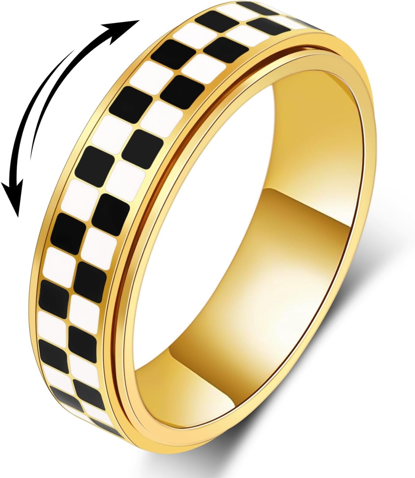 Checkered Fidget Ring for Women Men, Black and White Stainless Steel ...