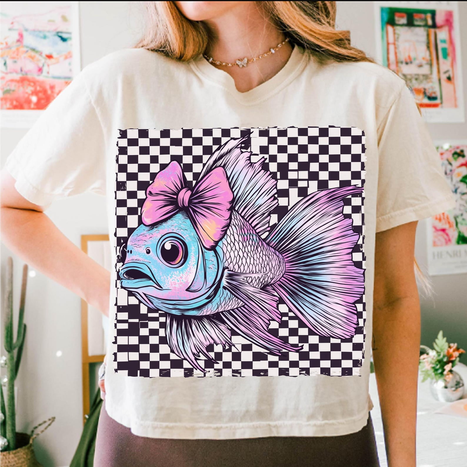 Checkered Fish T-Shirt, Coquette Summer Shirt, Retro Beach Shirt, Hello ...