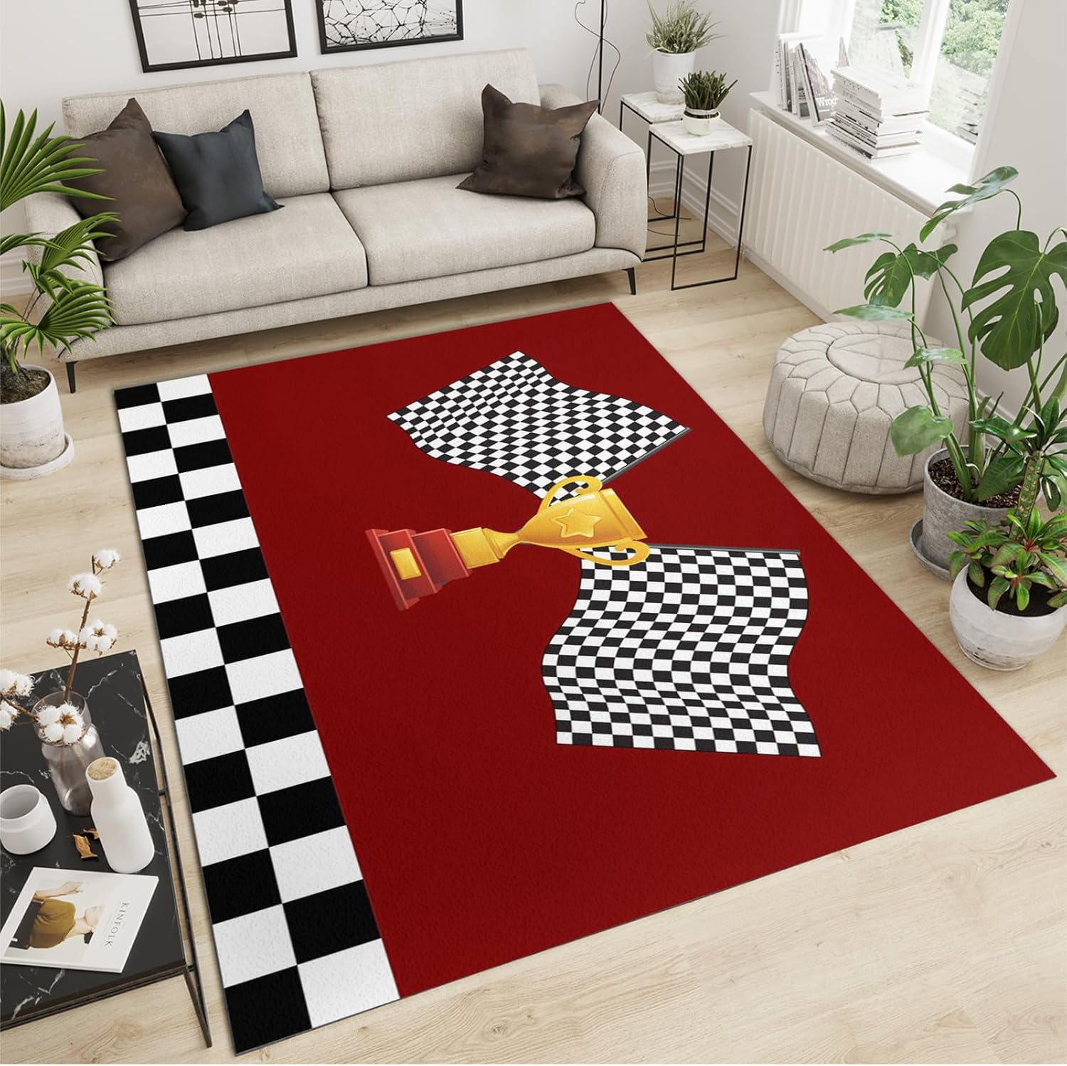 Checkered Flag Black and White Rug, Trophy Race Car Rugs for Kitchen ...