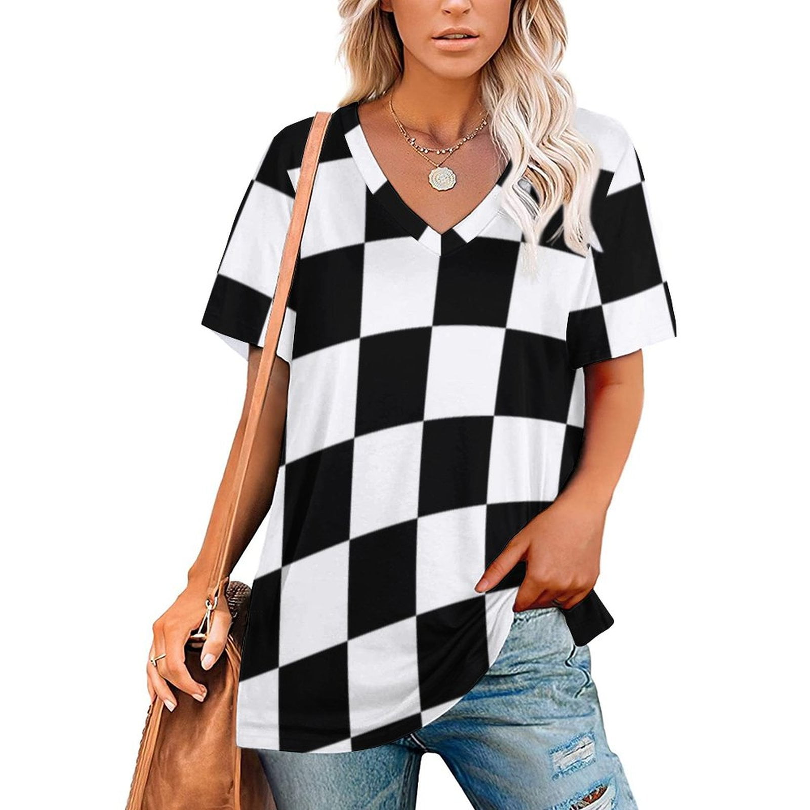 Checkered Flag Pattern Race Winner Lotus Leaf Neck T-Shirt Long Sleeve ...