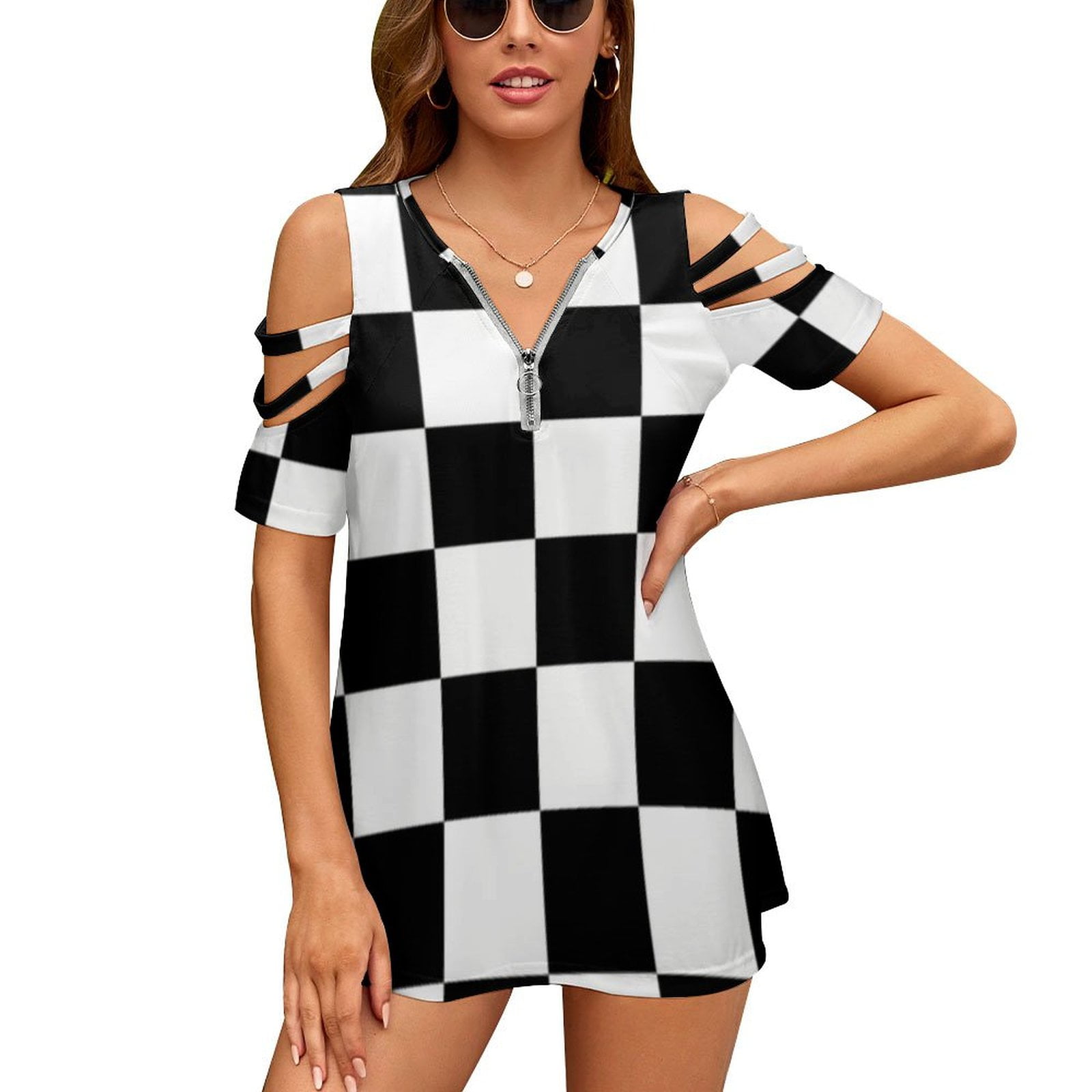 Checkered Flag Pattern Race Winner Lotus Leaf Neck T-Shirt Long Sleeve ...
