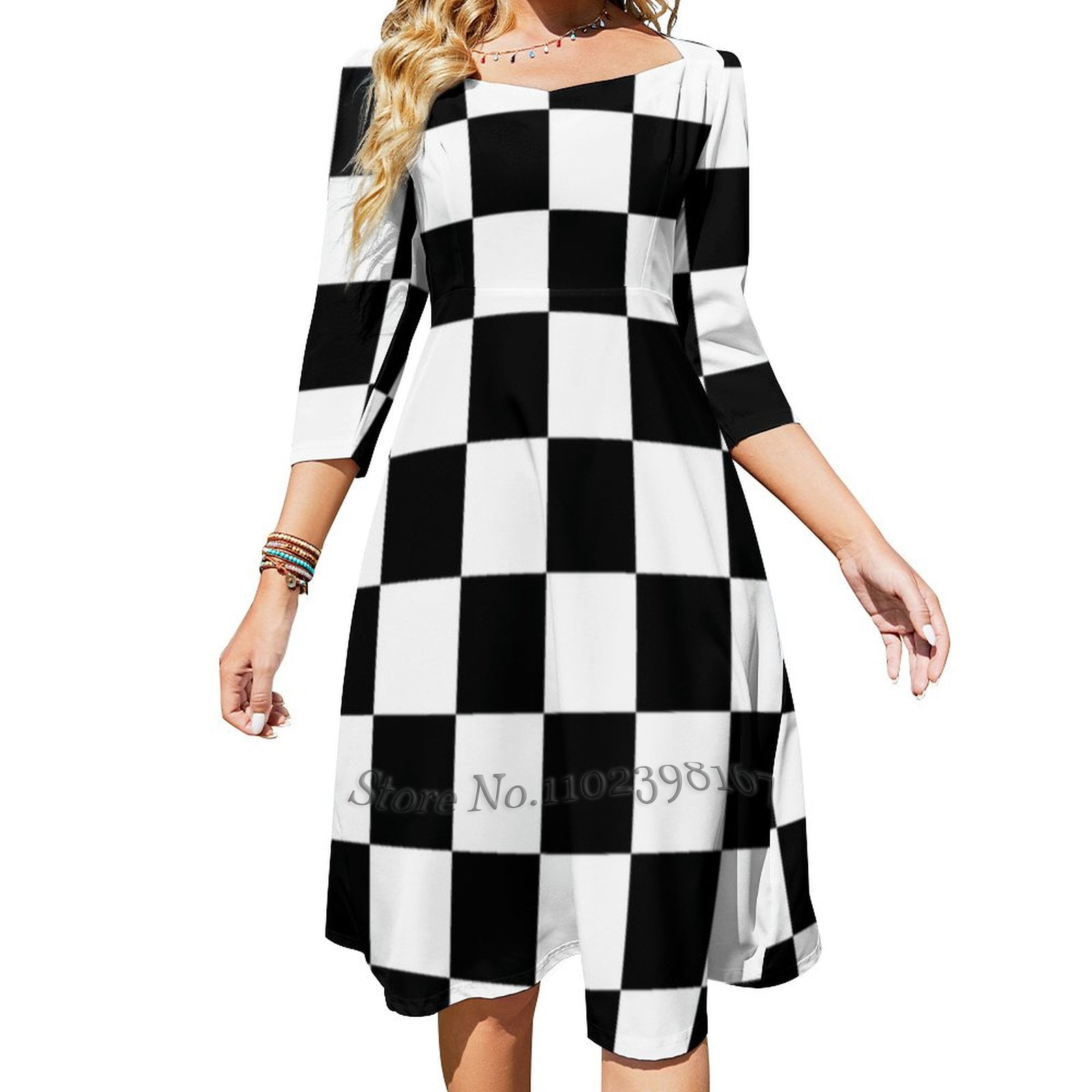 Checkered Flag Pattern Race Winner Square Neck Dress Cute Loose Print ...