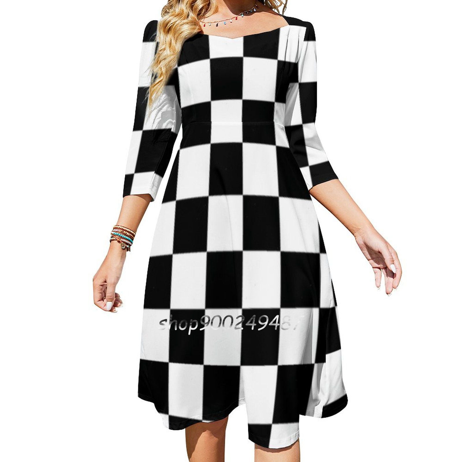 Checkered Flag Pattern Square Neck Dress Sweet Summer Dress Women ...