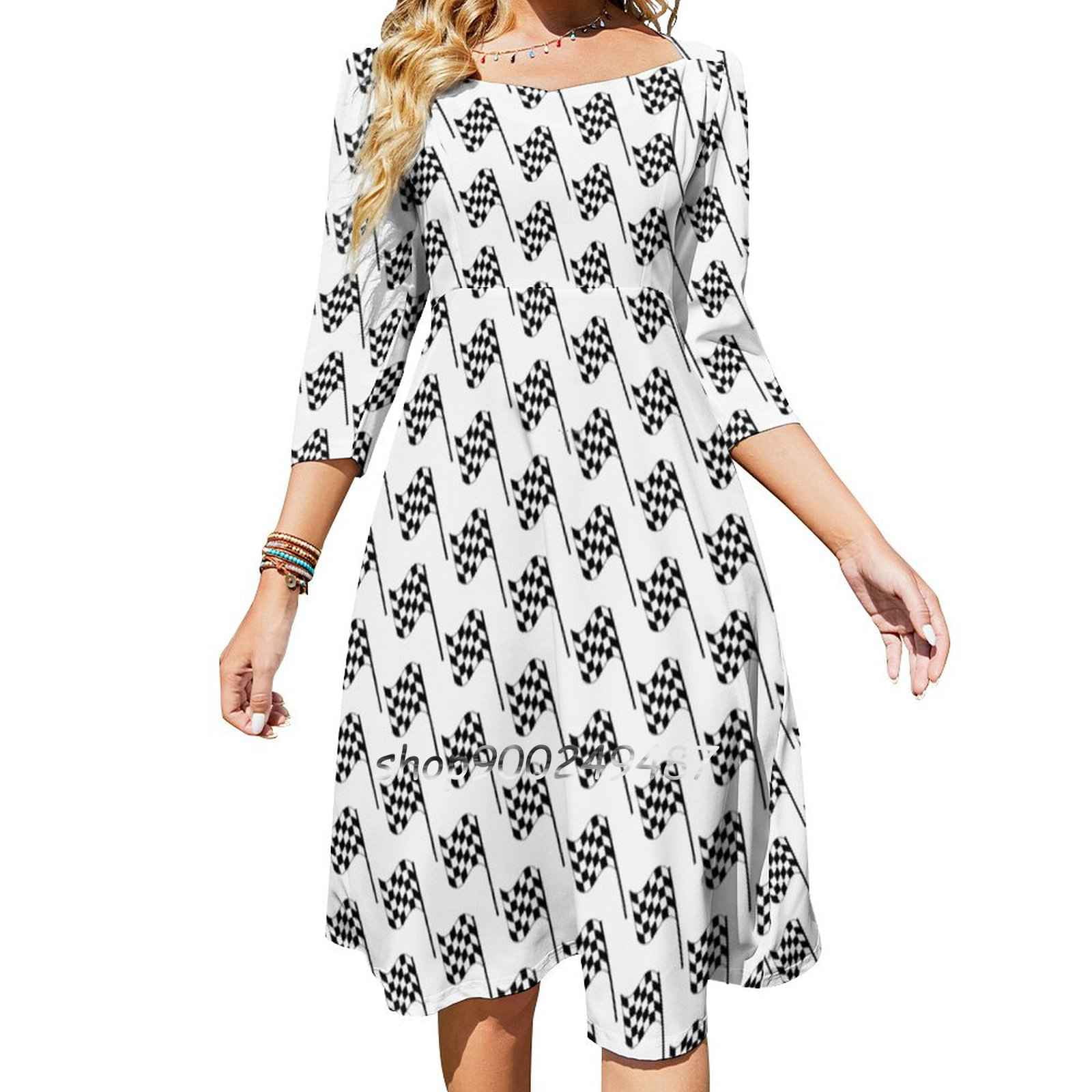 Checkered Flag Square Neck Dress Sweet Summer Dress Women Elegant ...