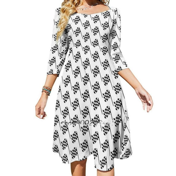 Checkered Flag Square Neck Dress Sweet Summer Dress Women Elegant ...