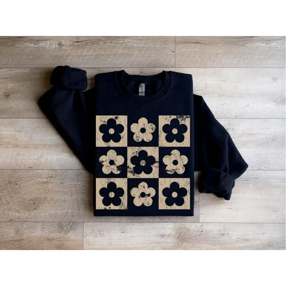 Checkered Floral T-Shirt: Retro Boho Spring Tee - Walmart.com