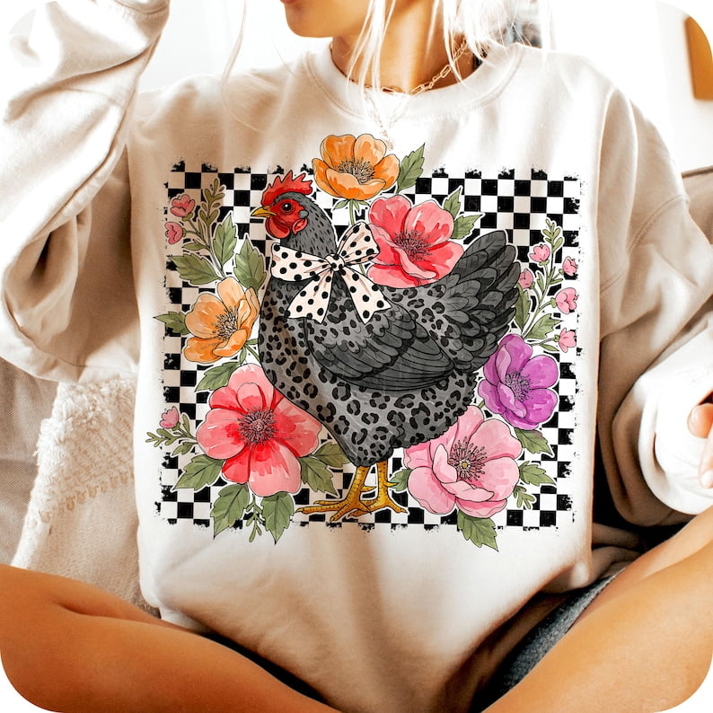 Checkered Flower Chicken Sweatshirt, Wildflower Chicken Lover Pullover ...