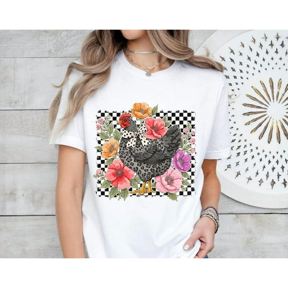 Checkered Flower Chicken T-Shirt, Farm Animal Shirt, Wildflower Chicken ...