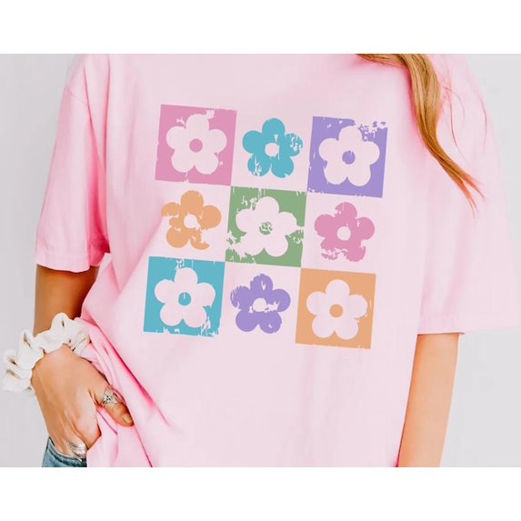 Checkered Flowers Shirt Retro Flowers T-Shirt Boho Floral T-Shirt Mom ...