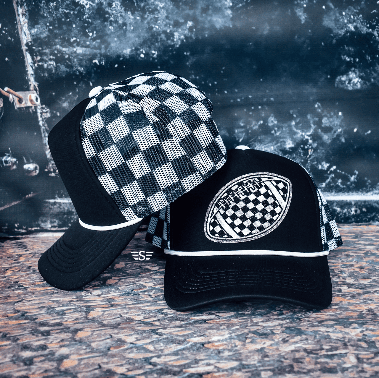 Checkered Football Printed Mesh Trucker Cap (BlackFootballMeshMagnaPony ...