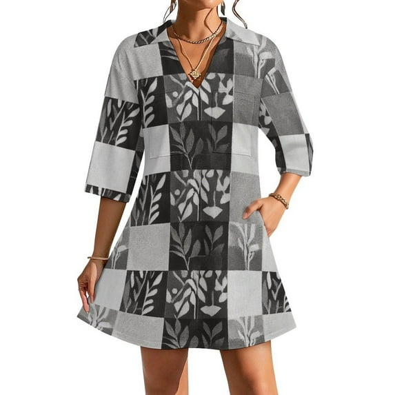 Checkered Grayscale Floral Pattern Womens Dress With Pockets Summer V ...
