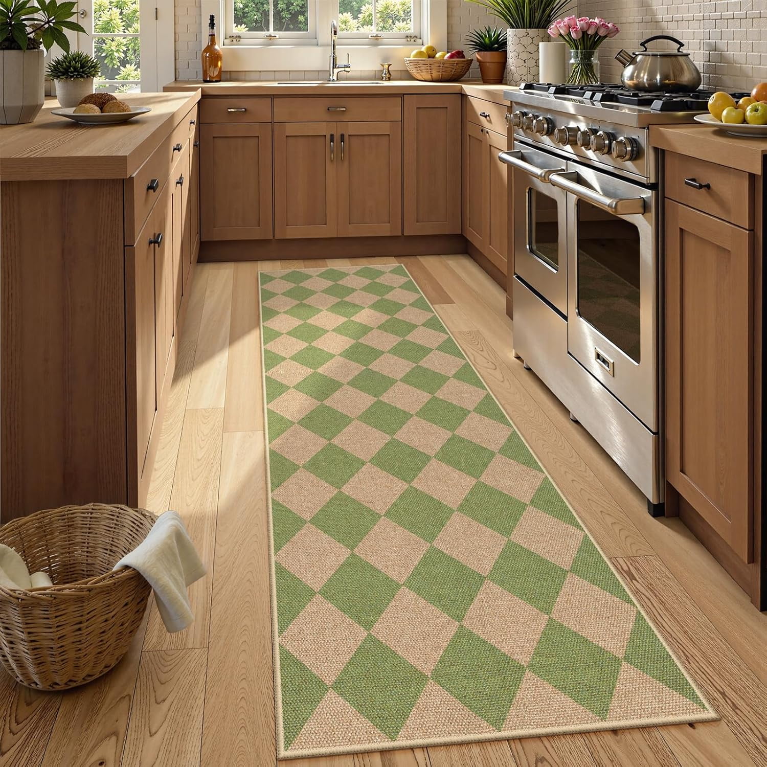 Checkered Green Runner Rug, 2x8 Carpet Runners for Hallway 8ft Non Slip ...