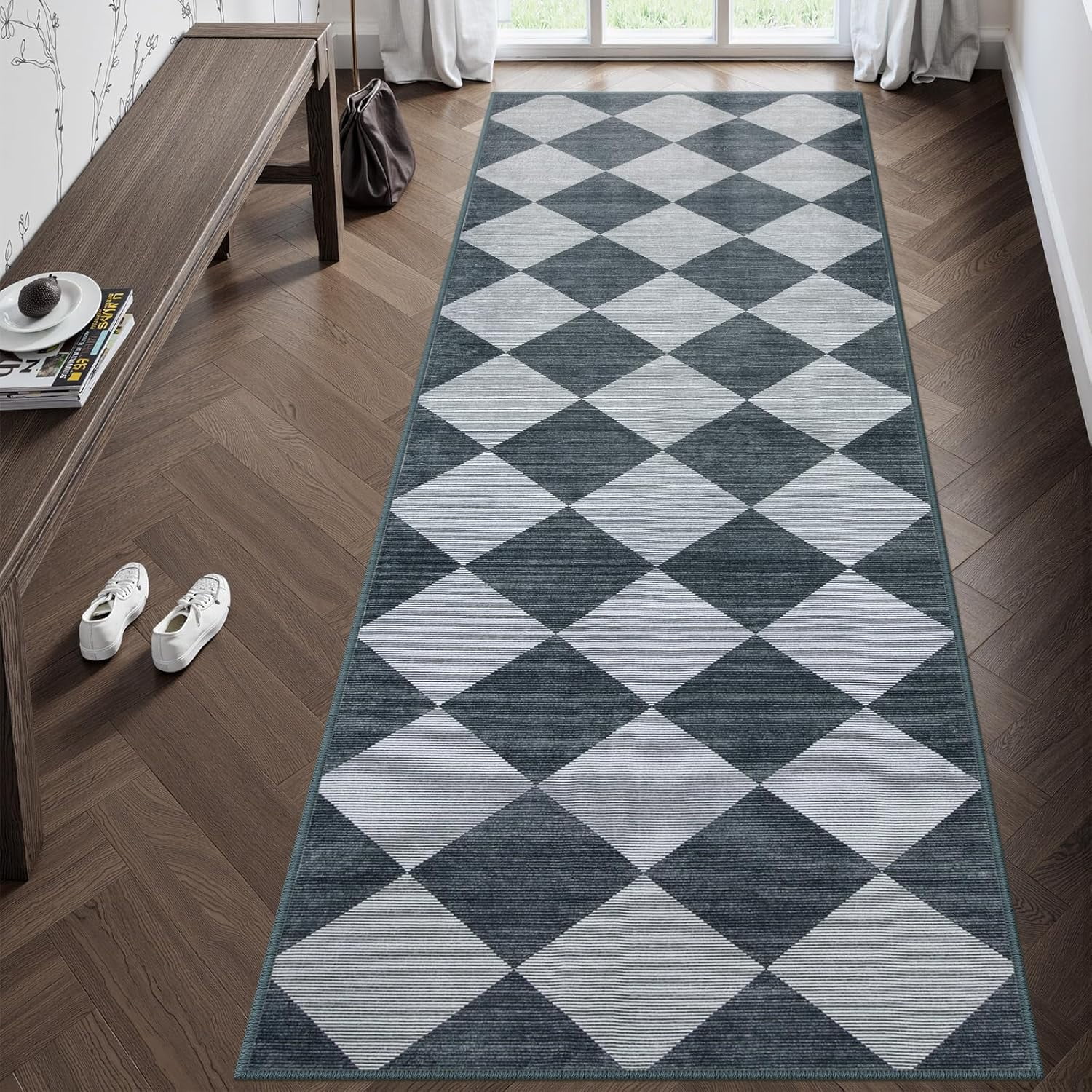 Checkered Hallway Runner Rug 2.5x8, Low Pile Kitchen Runner Rugs Non ...