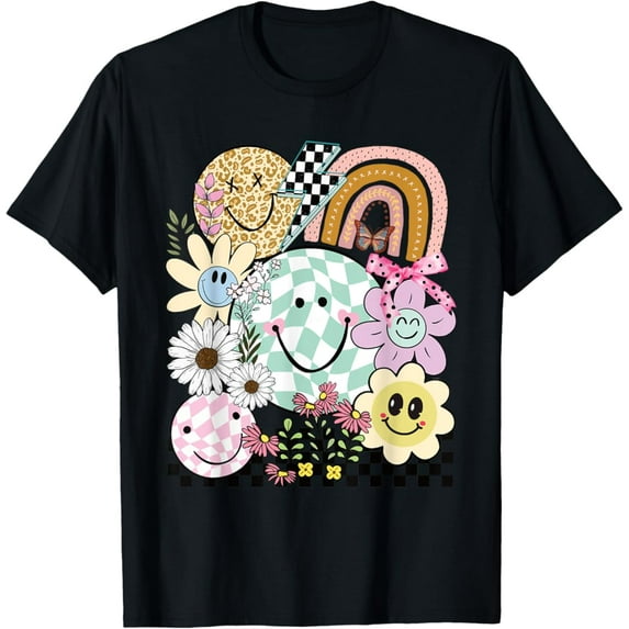 Checkered Happy Smiling Smile Face Daisy Flower Girl T-Shirt, F816 ...