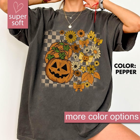 Checkered Jack O Lantern Pumpkin Season Shirt Floral Cute Fall T Shirt ...