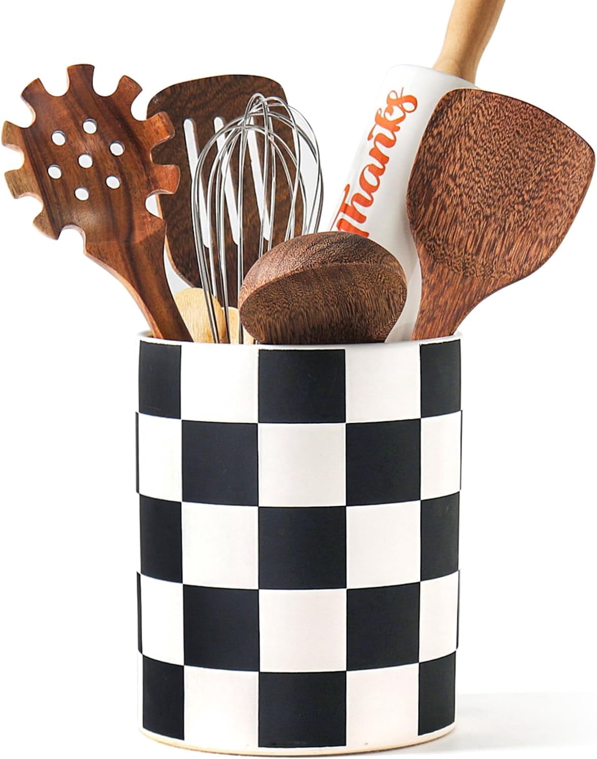 Checkered Kitchen Utensil Holder - 7.2" Ceramic Utensil Crock for ...