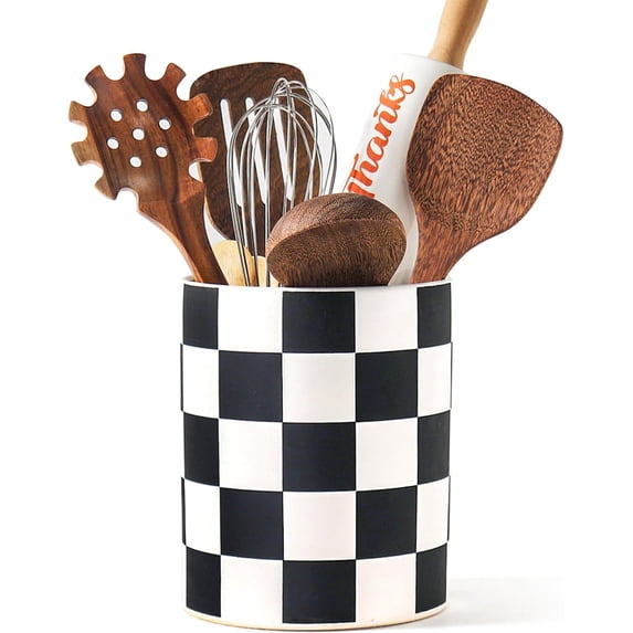 Checkered Kitchen Utensil Holder - 7.2" Ceramic Utensil Crock for ...