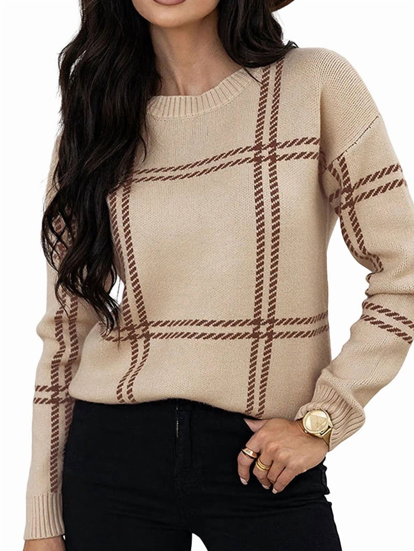 Checkered Knit Sweater for Women Fall Winter Casual Crew Neck Pullover ...