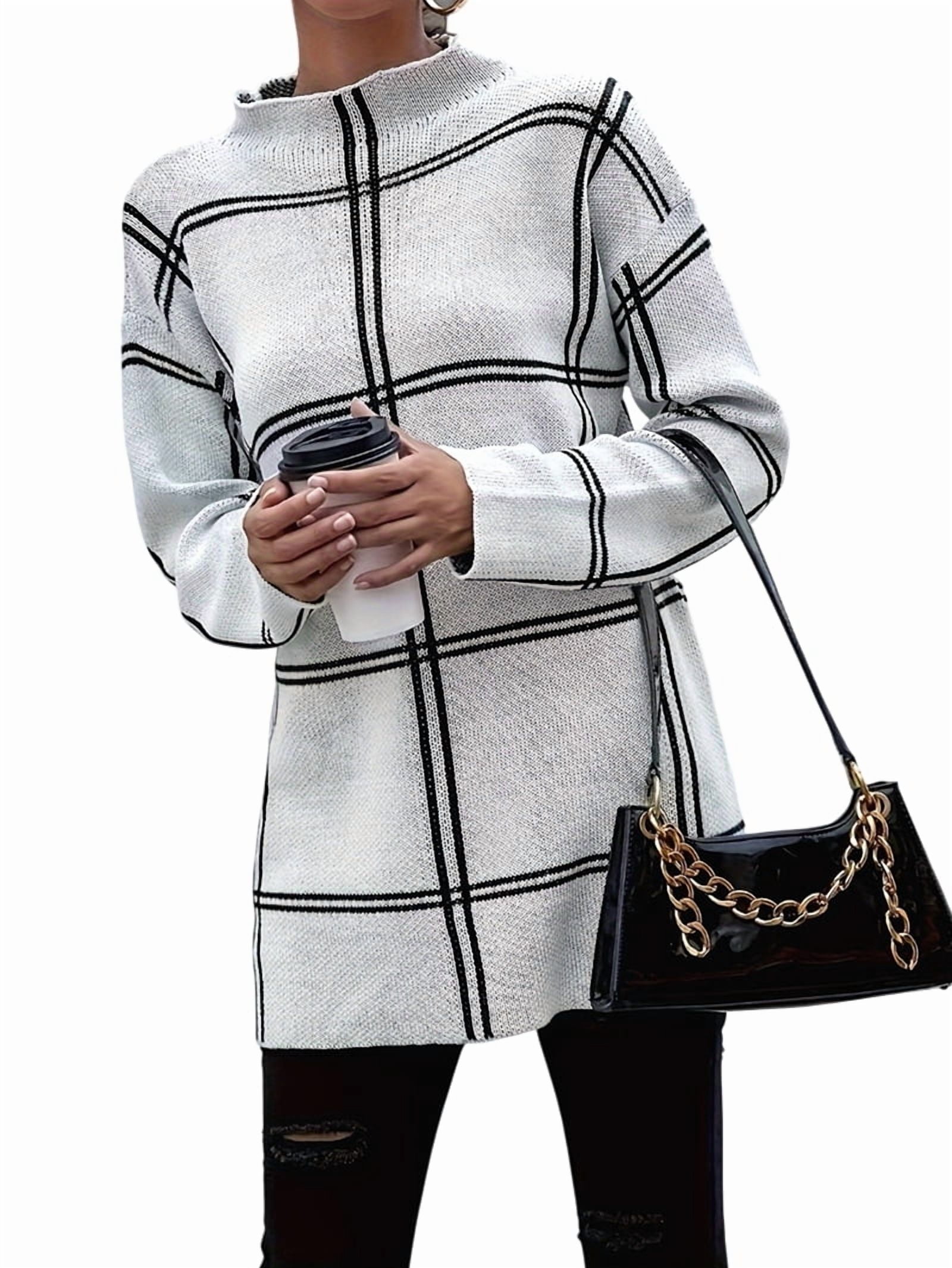 Checkered Knit Sweater for Women Fall Winter Casual Mock Neck Pullover ...