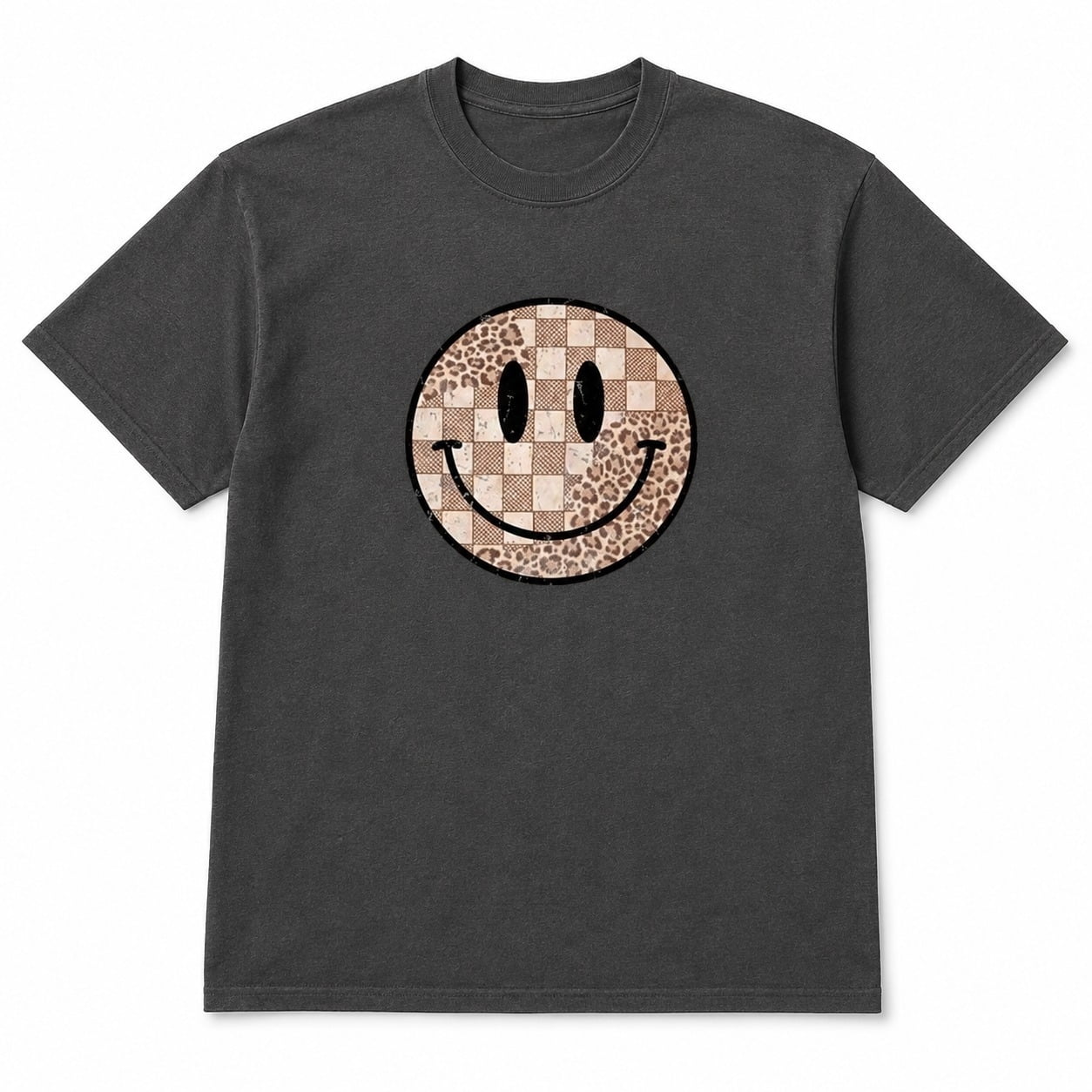 Checkered Leopard Smiley Face Graphic T-Shirt – Washed Oversized Unisex ...
